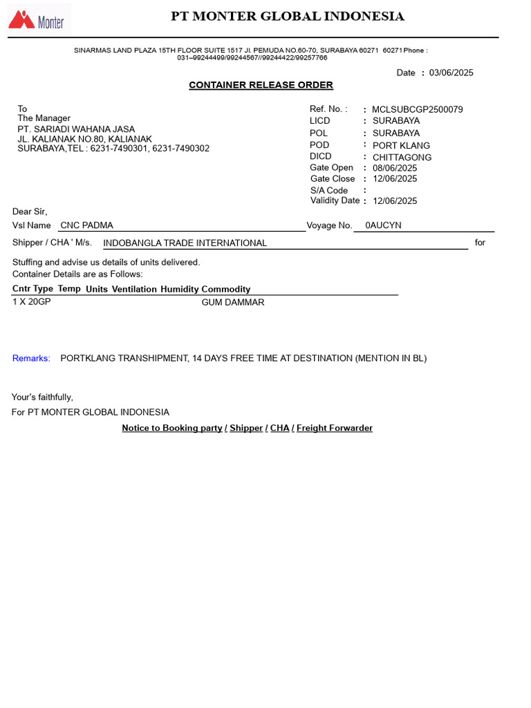 Mclsubcgp2500079 1x20gp Pt. Indobangla Trade International | PDF