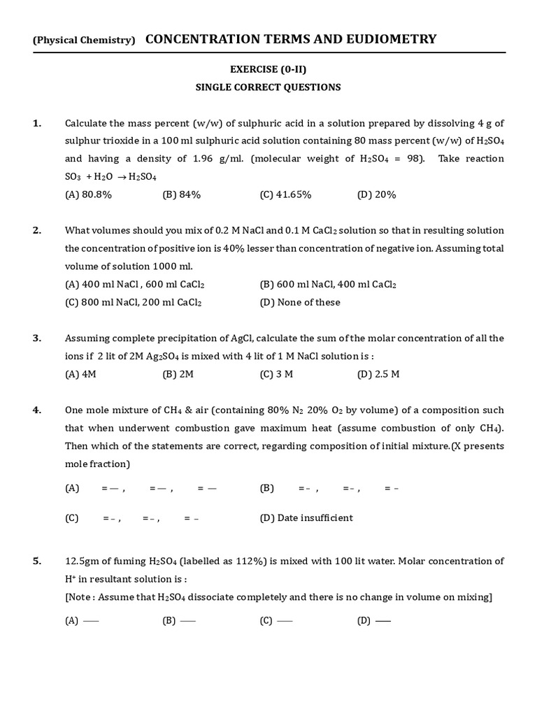 Concentration Terms & Eudiometry Exercises | PDF | Mass Concentration ...