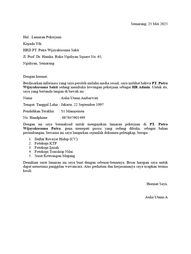 Surat Lamaran - PT. Putra Wijayakusuma Sakti | PDF