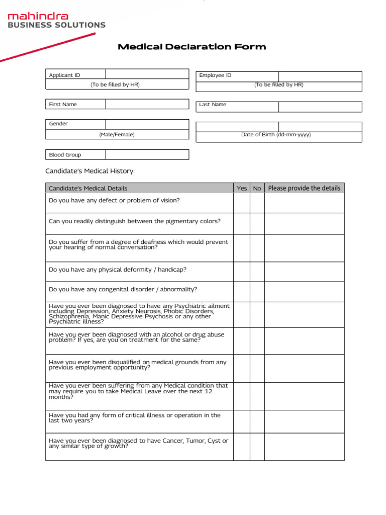 Medical History Declaration Form | PDF | Mental Disorder | Psychosis