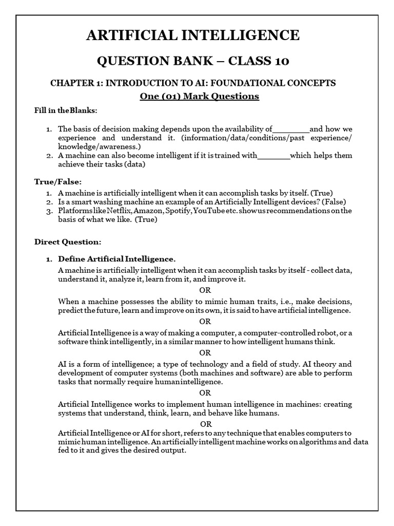Class 10 AI Question Bank: Chapter 1 | PDF | Artificial Intelligence ...