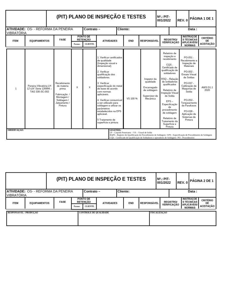 Pit - Plano de Inspeção e Teste | PDF