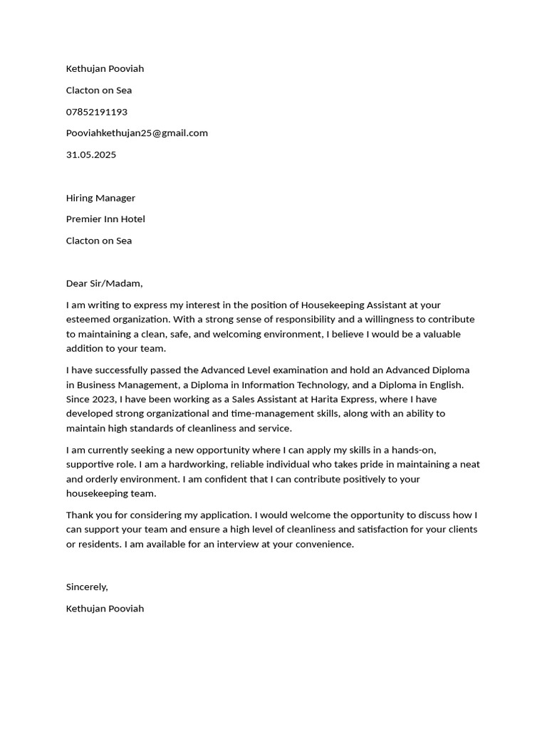 Housekeeping Assistant Application Letter | PDF