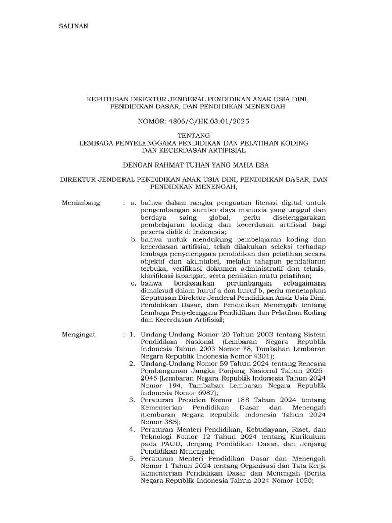 SK Dirjen Paud Dikmen 4806 2025 | PDF