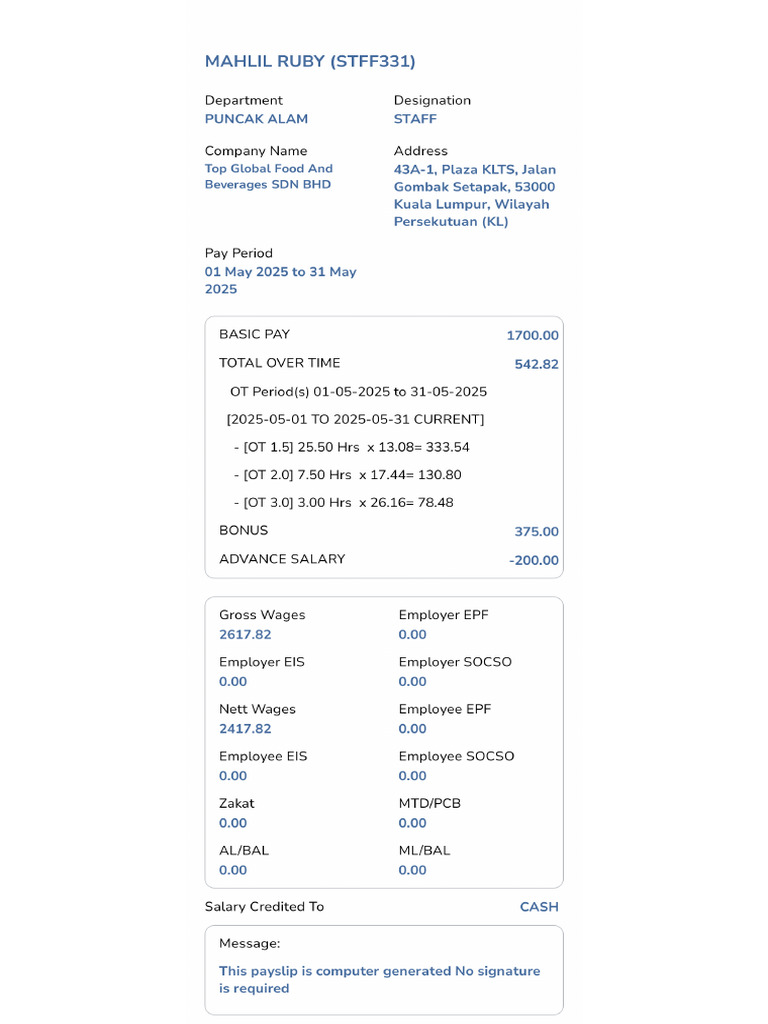 STFF331 End Pay May Payslip | PDF