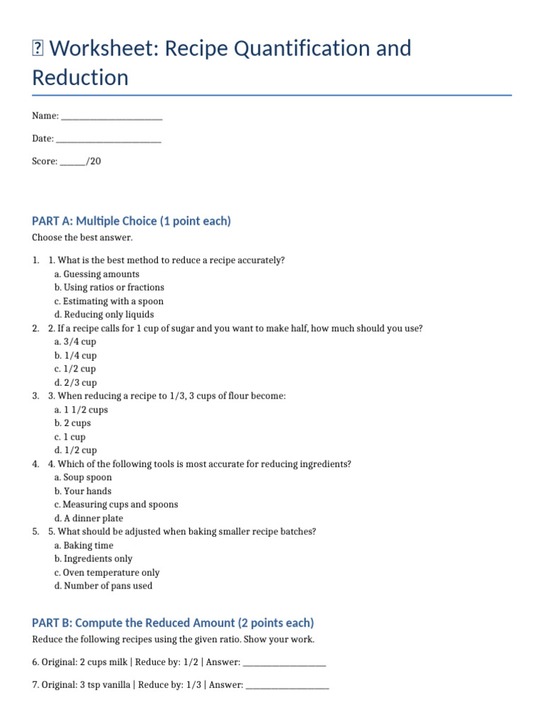 Recipe Reduction Worksheet | PDF | Baking | Foods