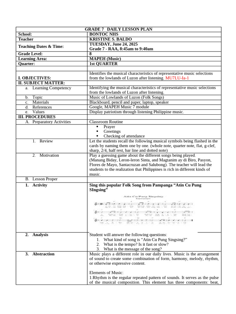 MAPEH Music 7 June 24 | PDF | Songs | Musical Compositions