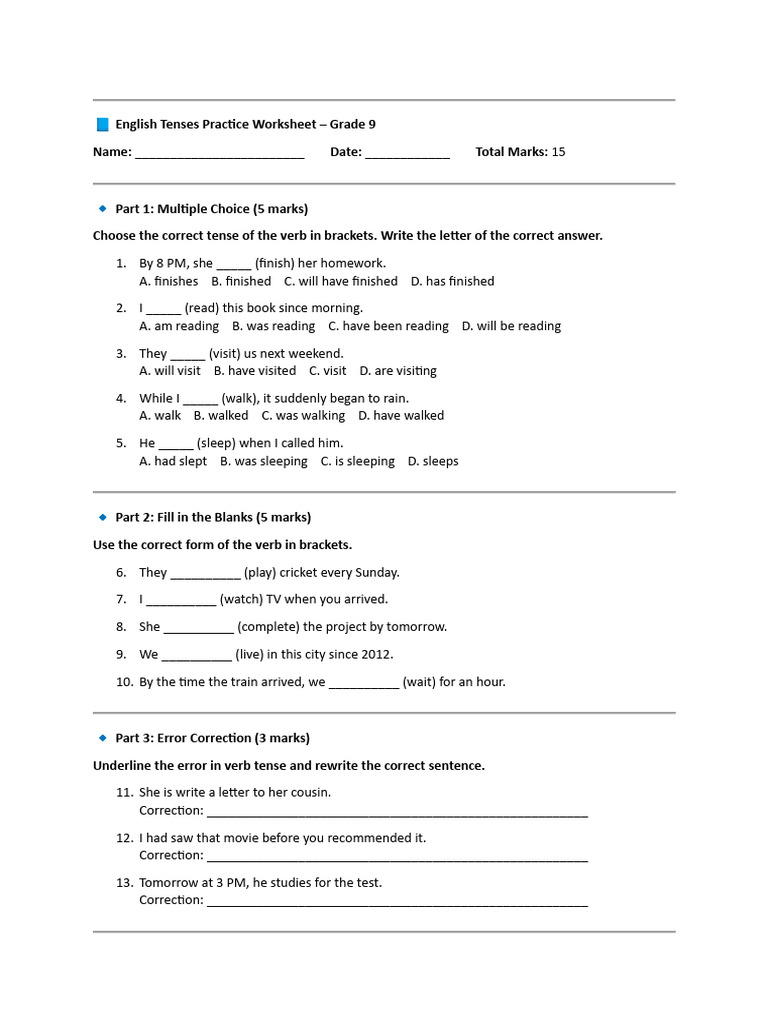 Tenses Practice Worksheet for Grade 9 | PDF