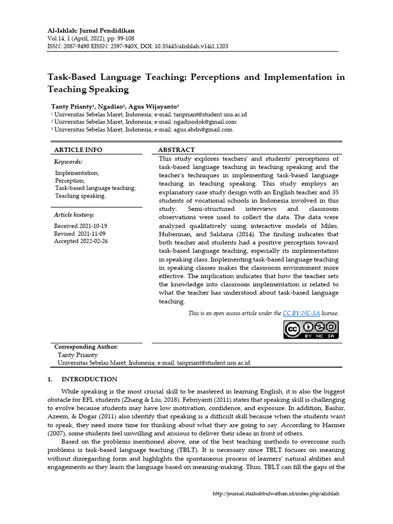 Task-Based Language Teaching Perceptions and Implementation in Teaching ...