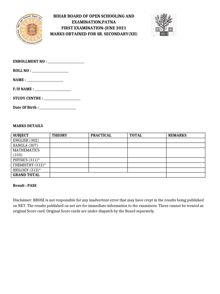 BBOSE Sample Marksheet Template | PDF