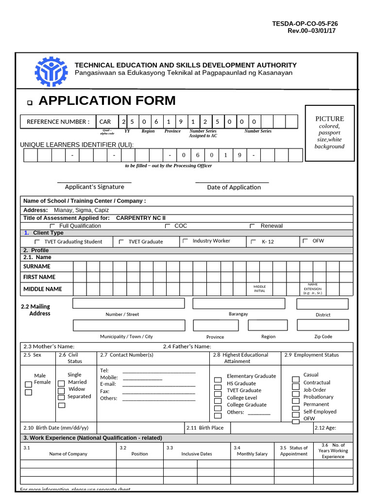 Application Form - Carpentry NC Ii - Walk - in | PDF