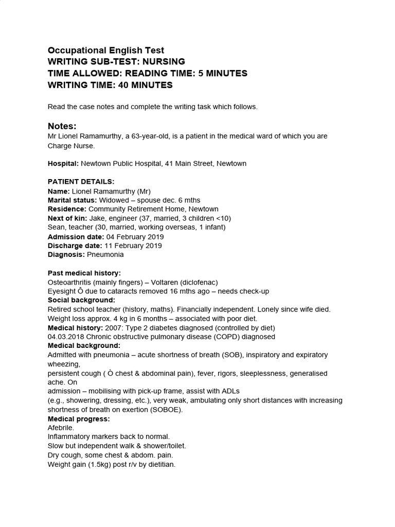 MR Lionel Ramamurthy Oet Nursing Writing Task Sample | PDF | Pneumonia ...