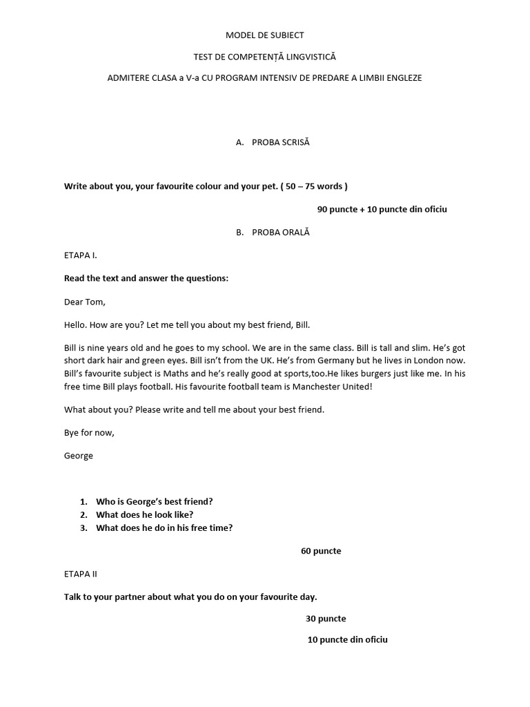 Model de Subiect Intensiv Clasa A V-A Limba Engleza | PDF