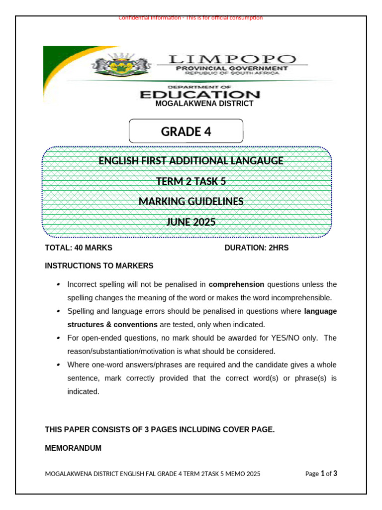 Grade 4 English FAL Term 2 Memo 2025 | PDF | Linguistics | Grammar