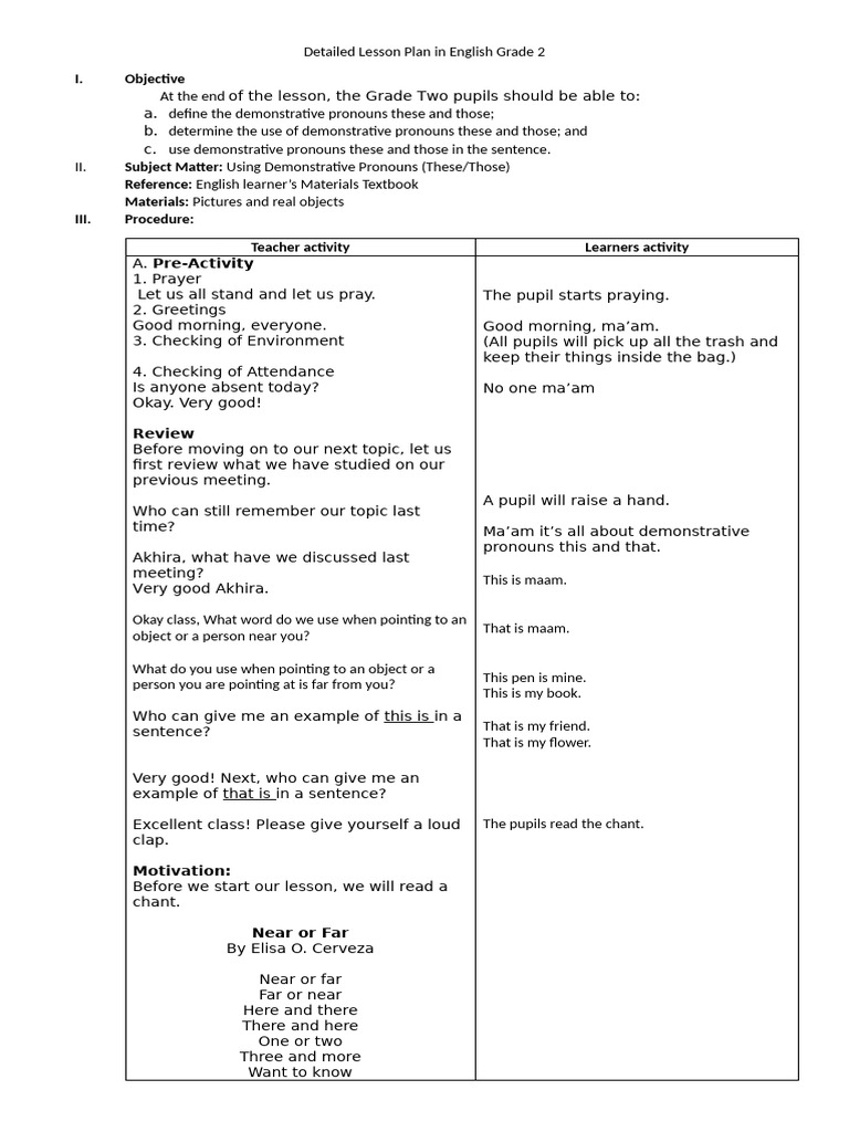 2Detailed Lesson Plan in English Grade 2 | PDF | Lesson Plan | Grammar