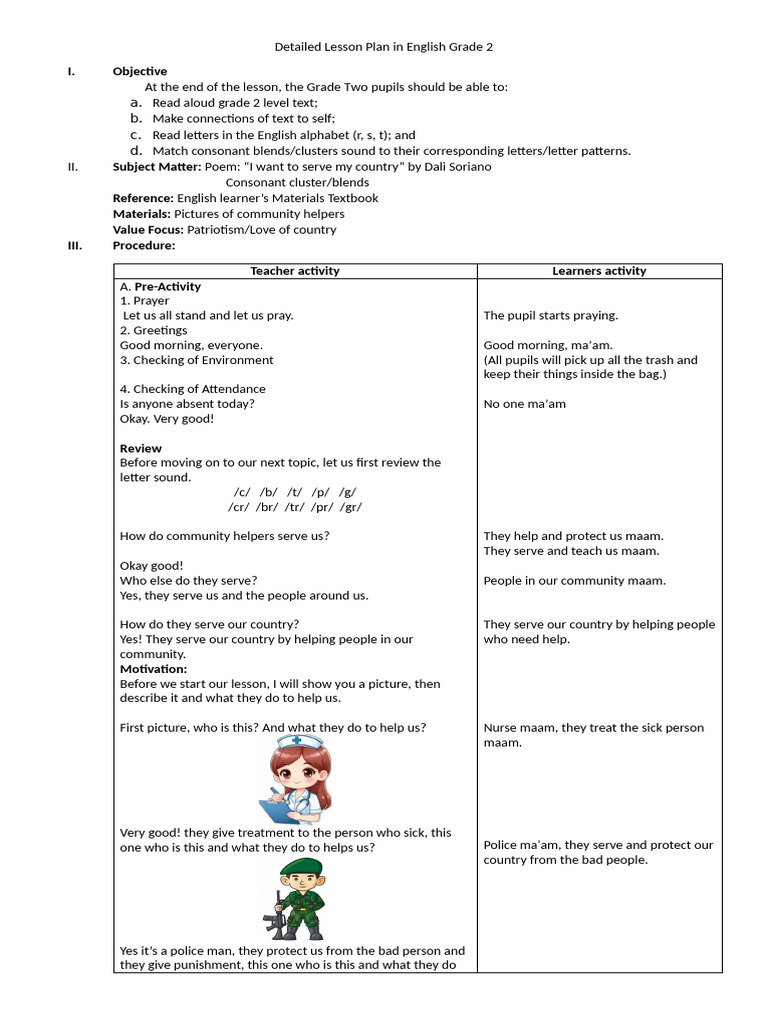 Grade 2 English Lesson Plan: Patriotism | PDF | Consonant | Human ...