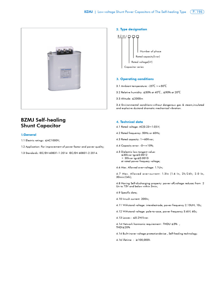 BZMJ-Low Voltage Shunt Power Capacitors of The Self-Healing Type-Catalog | PDF | Capacitor | Relay