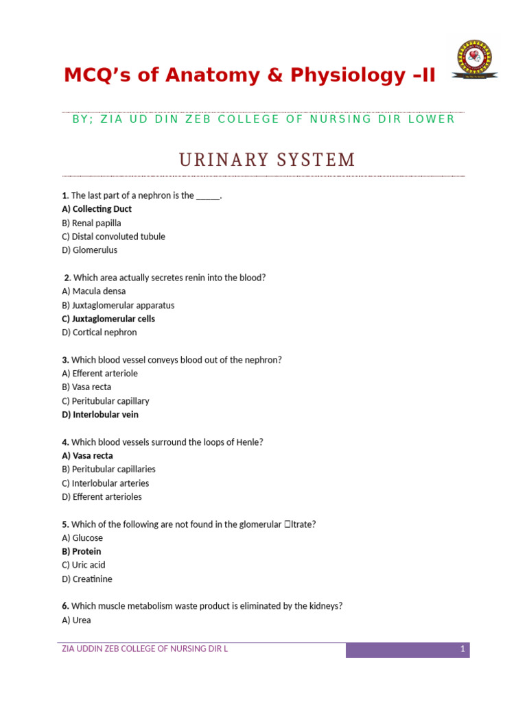 110 MCQs On Urinary System | PDF | Kidney | Urinary System
