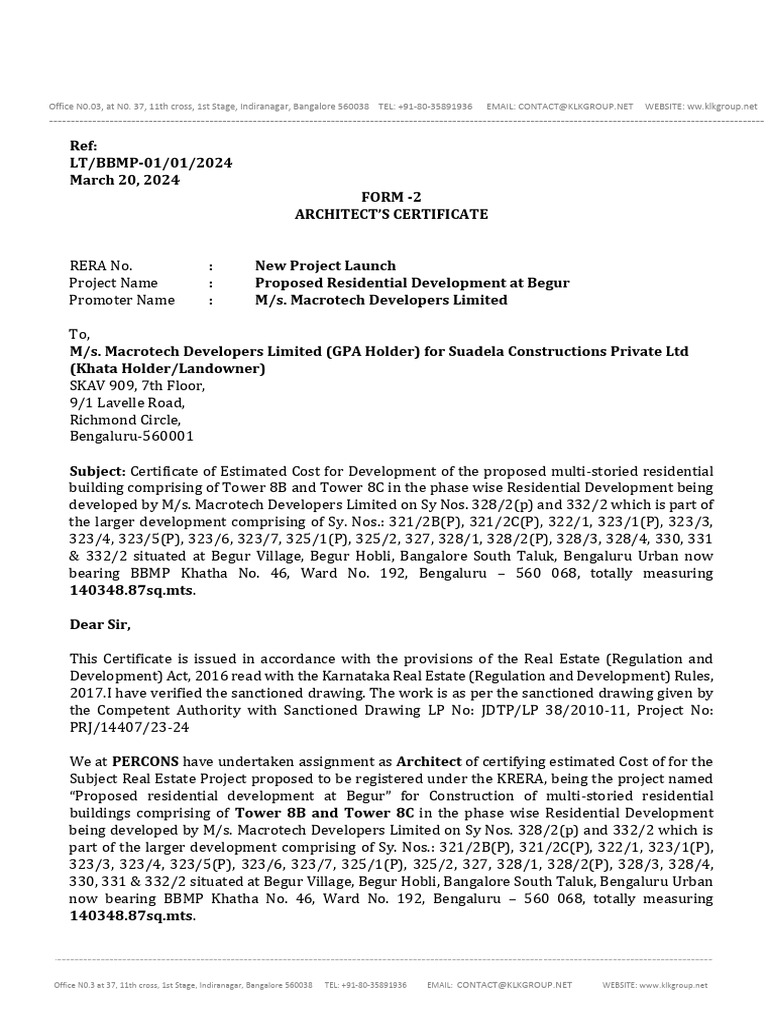 Architect's Certificate for Begur Project | PDF | Bangalore | Local ...