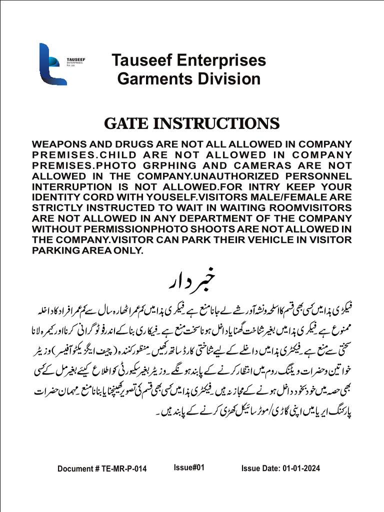 Visitor Guidelines for Tauseef Enterprises | PDF