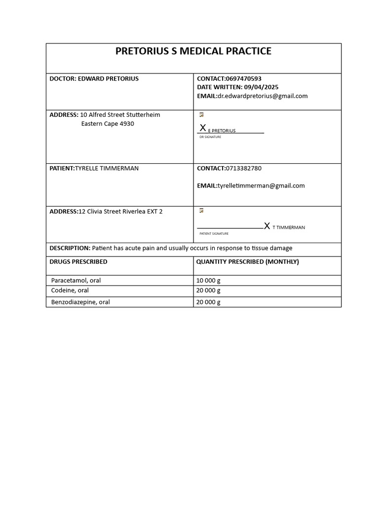 Pretorius S Medical Practice Prescription For Tyrelle Timmerman | PDF