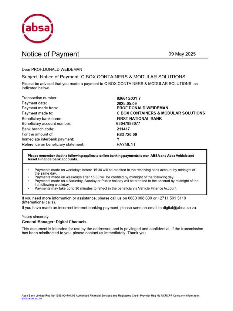 Absa Notice of Payment - May 2025 | PDF