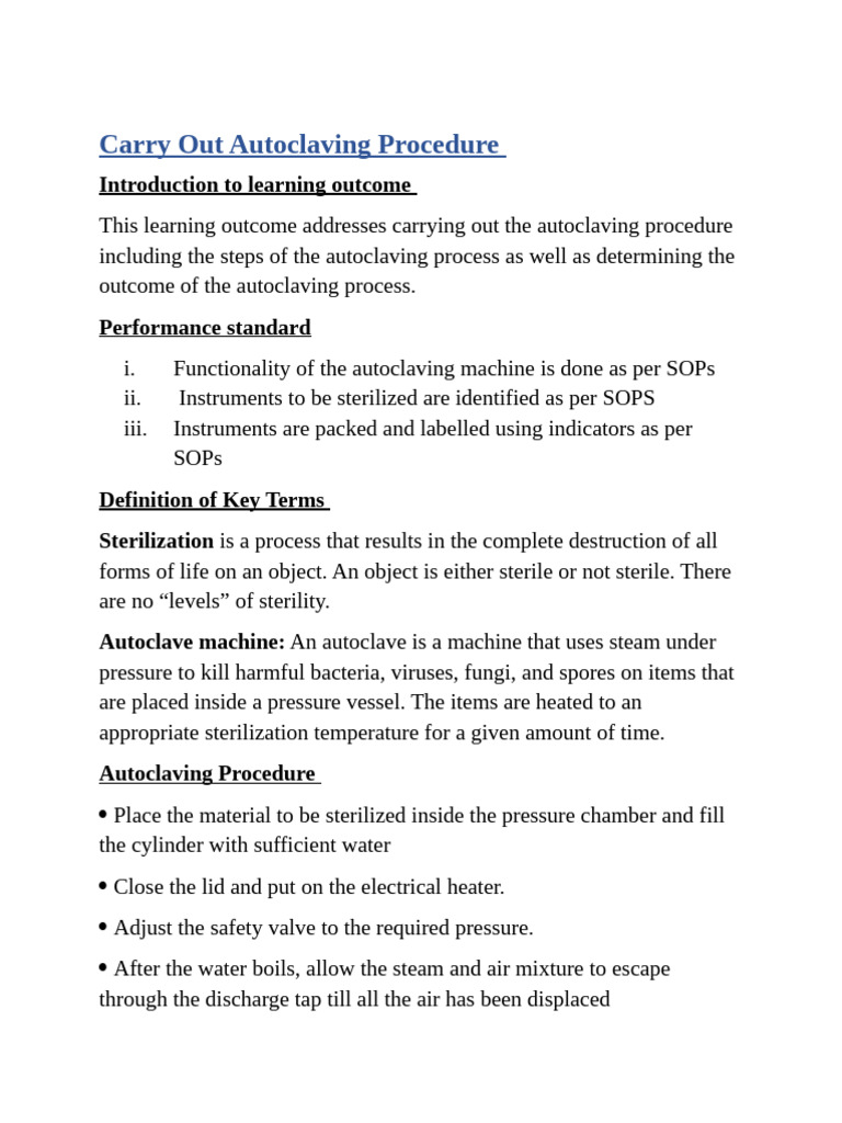 Carry Out Autoclaving Procedure | PDF | Sterilization (Microbiology ...