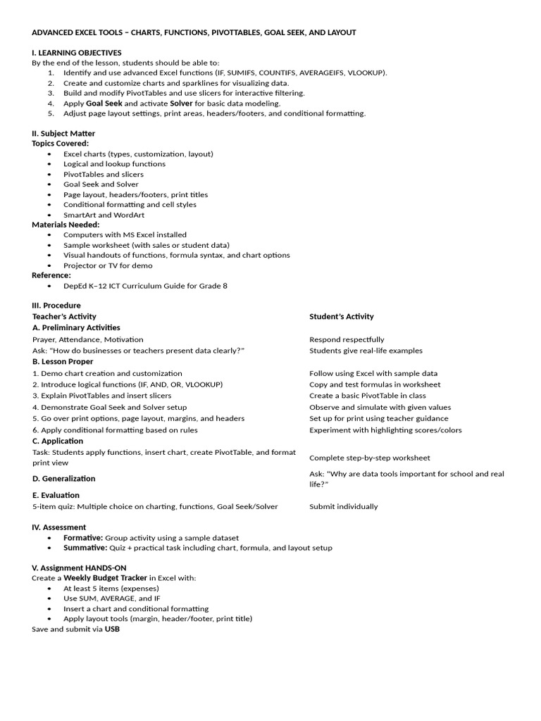 Grd8-Advanced Excel Tools - Charts, Functions, Pivottables, Goal Seek ...