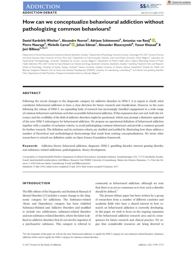 Defining Behavioral Addiction: A Framework | PDF | Mental Disorder | Dsm 5