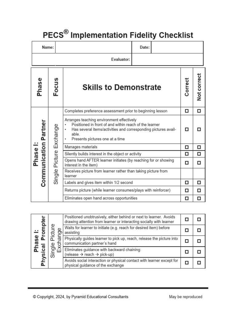 PECS Implementation Fidelity Checklist (NOT On ORIGINAL) | PDF ...