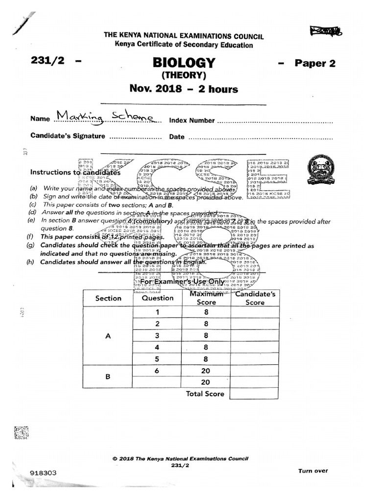 Kcse 2018 Knec Bio Pp2 Marking Scheme | PDF