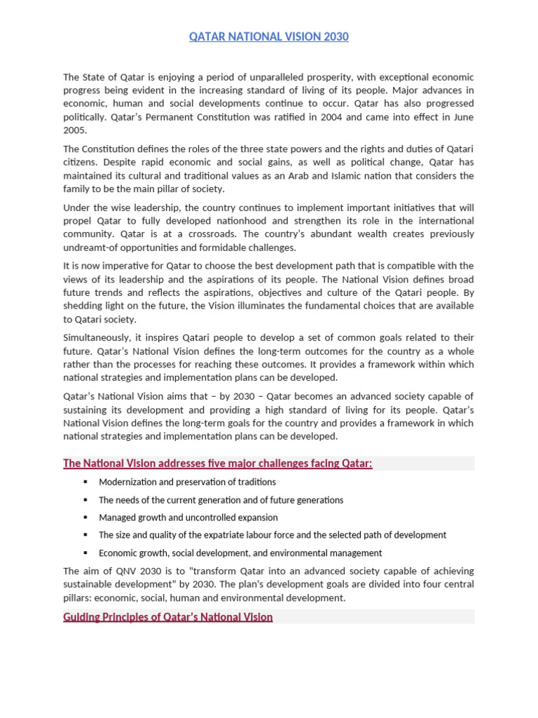 Qatar National Vision 2030 Overview | PDF | Qatar | Economies