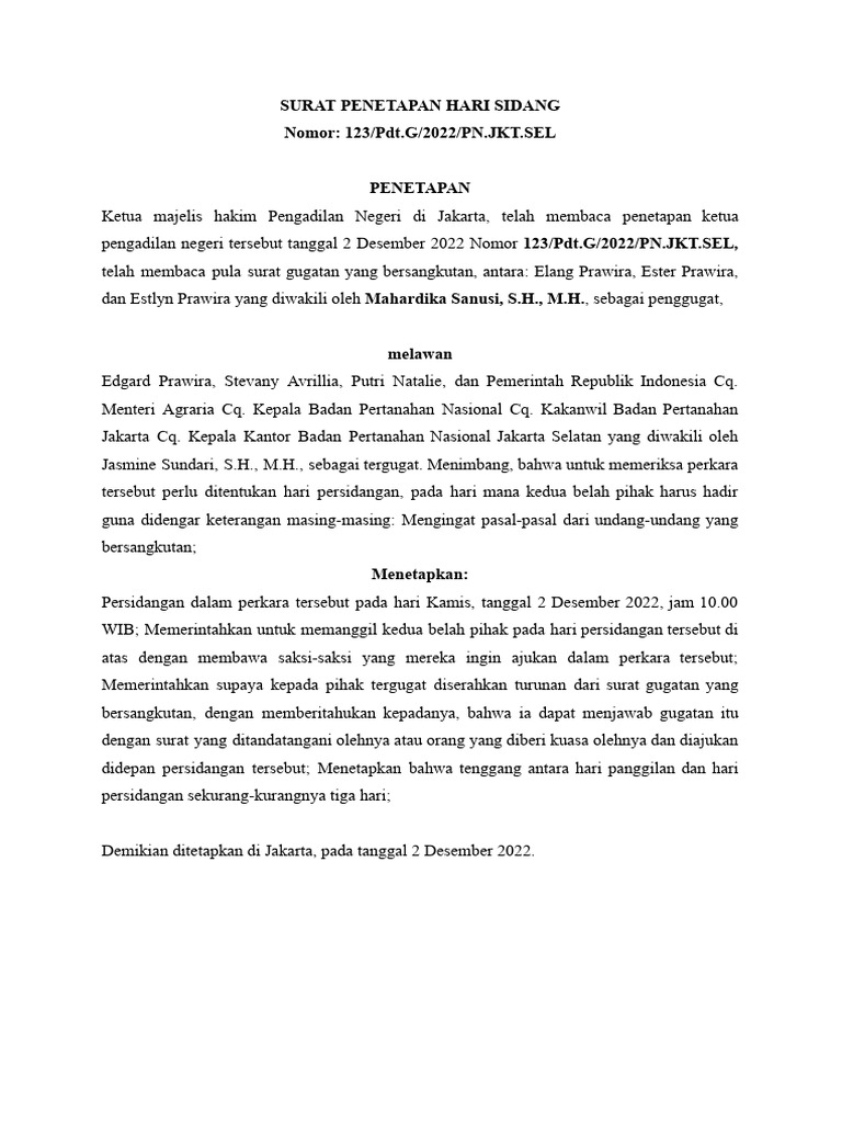 Surat Penetapan Hari Sidang | PDF