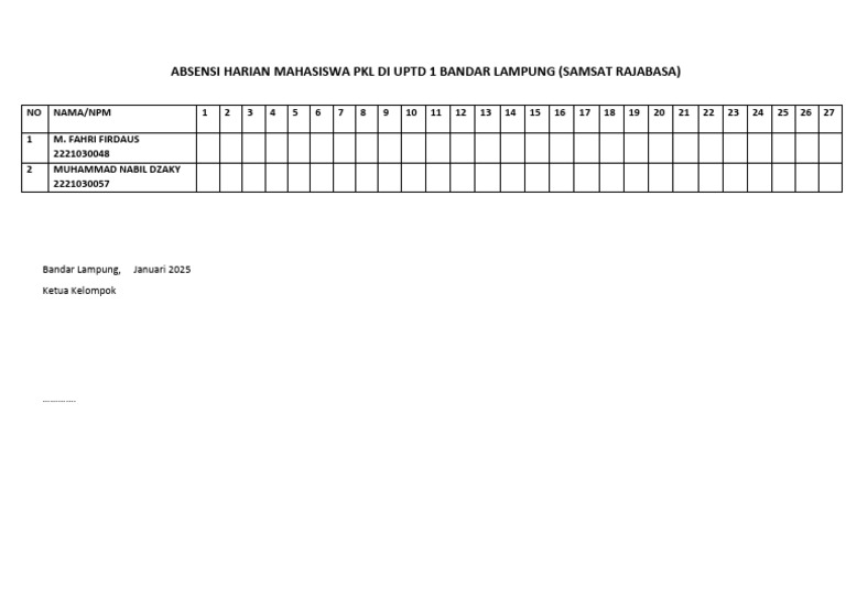 Absensi Harian Mahasiswa PKL Samsat Rajabasa | PDF