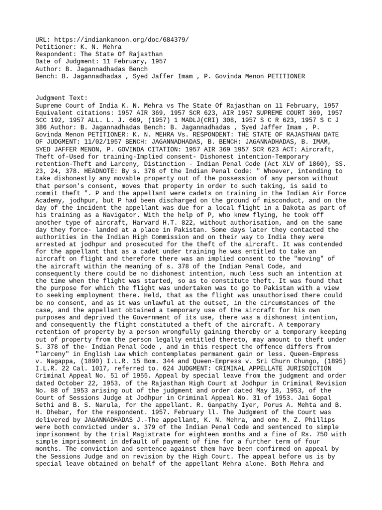K. N. Mehra Vs The State of Rajasthan | PDF | Theft | Judgment (Law)