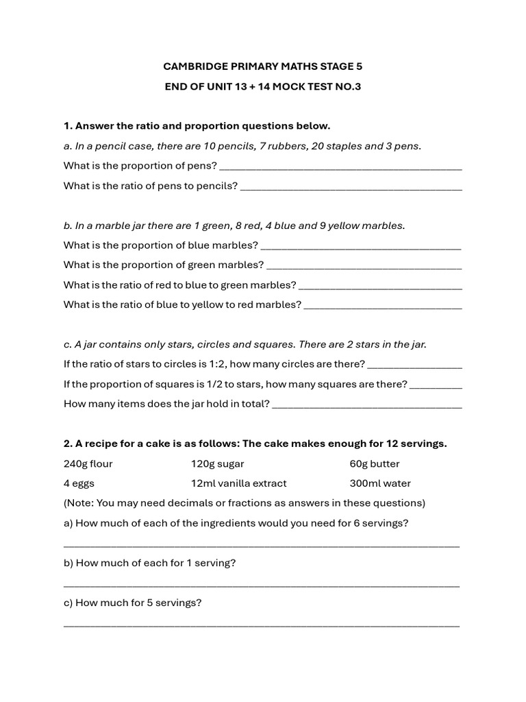 Cambridge Primary Maths Stage 5 Mock Test | PDF | Area | Ratio