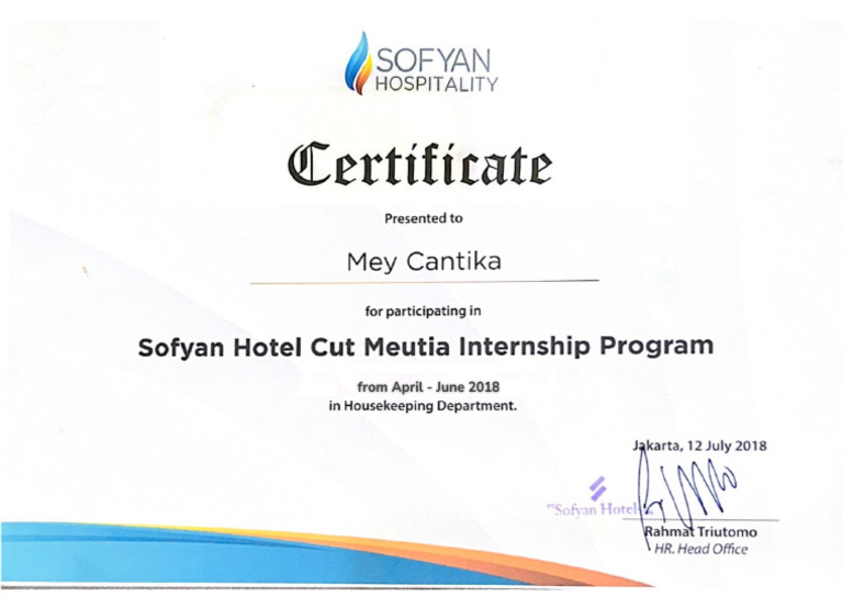 Mey Cantika - Sofyan Hotel Intern | PDF