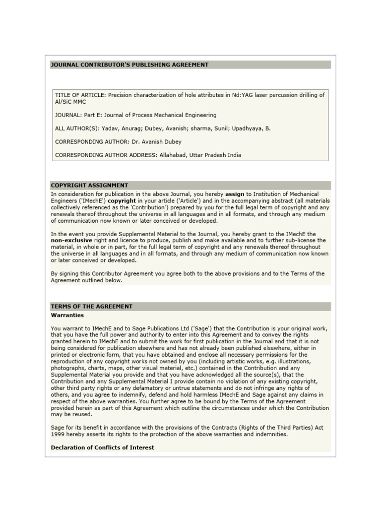 Journal Contributor'S Publishing Agreement | PDF | Indemnity | Mediation