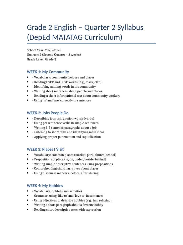 Grade 2 English Quarter 2 Syllabus | PDF | English Language | Verb