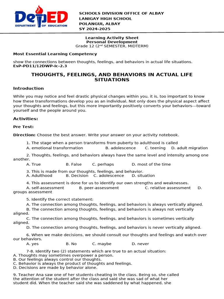 Learning Activity Sheet Personal Development Module 4 Grade 12 | PDF | Feeling | Thought