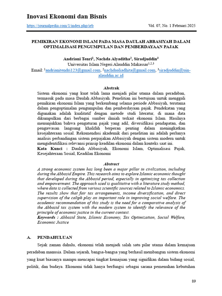 Pemikiran Ekonomi Islam Pada Masa Daulah Abbasiyah Dalam Optimalisasi Pengumpulan Dan ...