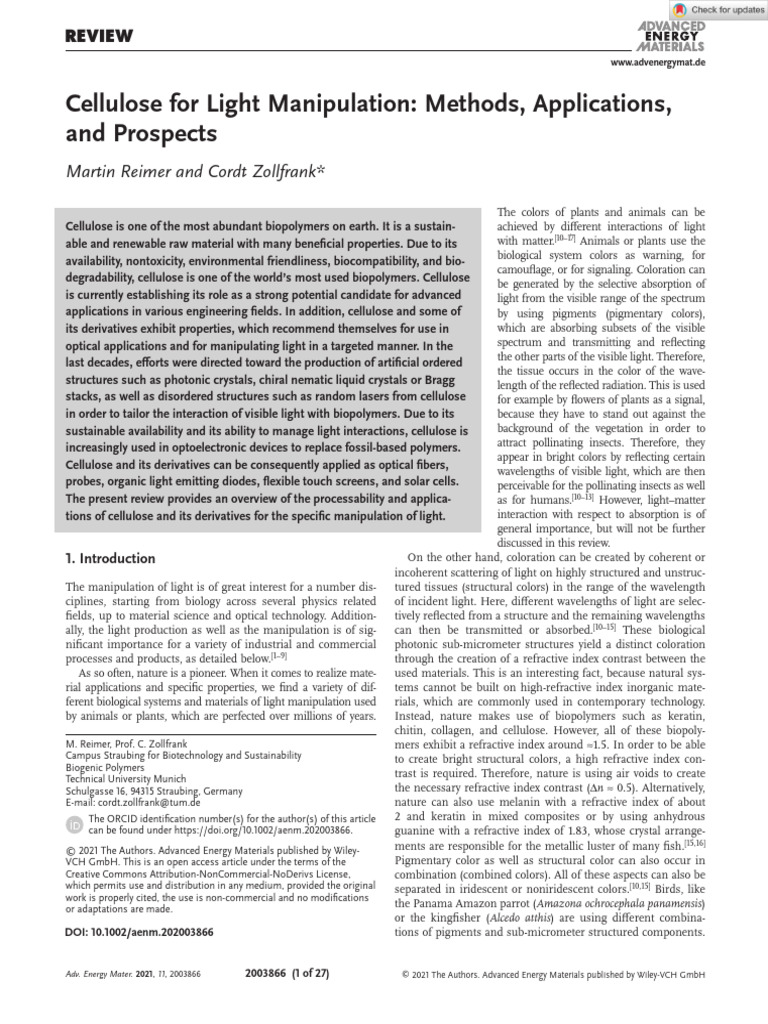 Advanced Energy Materials - 2021 - Reimer - Cellulose For Light Manipulation Methods ...