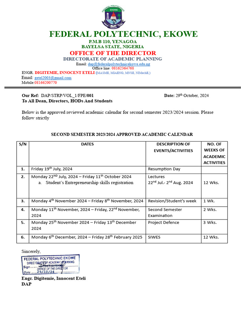 Second Semester 2023/2024 Academic Calendar | PDF