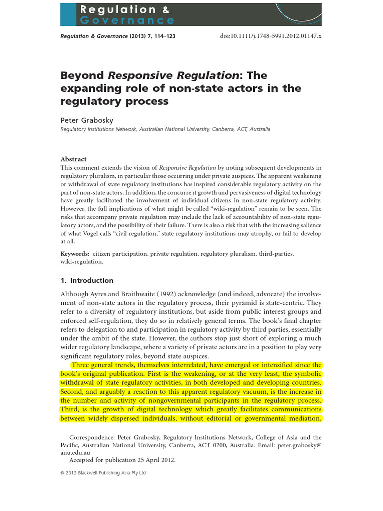 (Article) Grabosky - 2013 - Beyond Responsive Regulation The Expanding ...