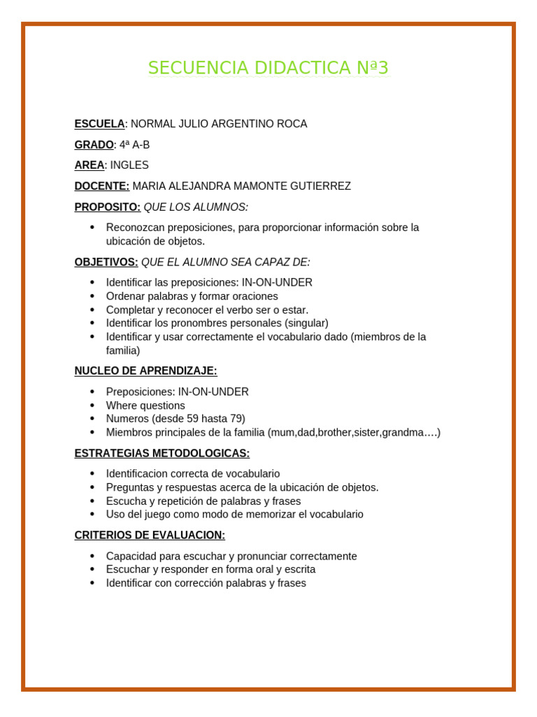 Secuencia Didactica N 3 Ingles | PDF | Gramática | Sintaxis