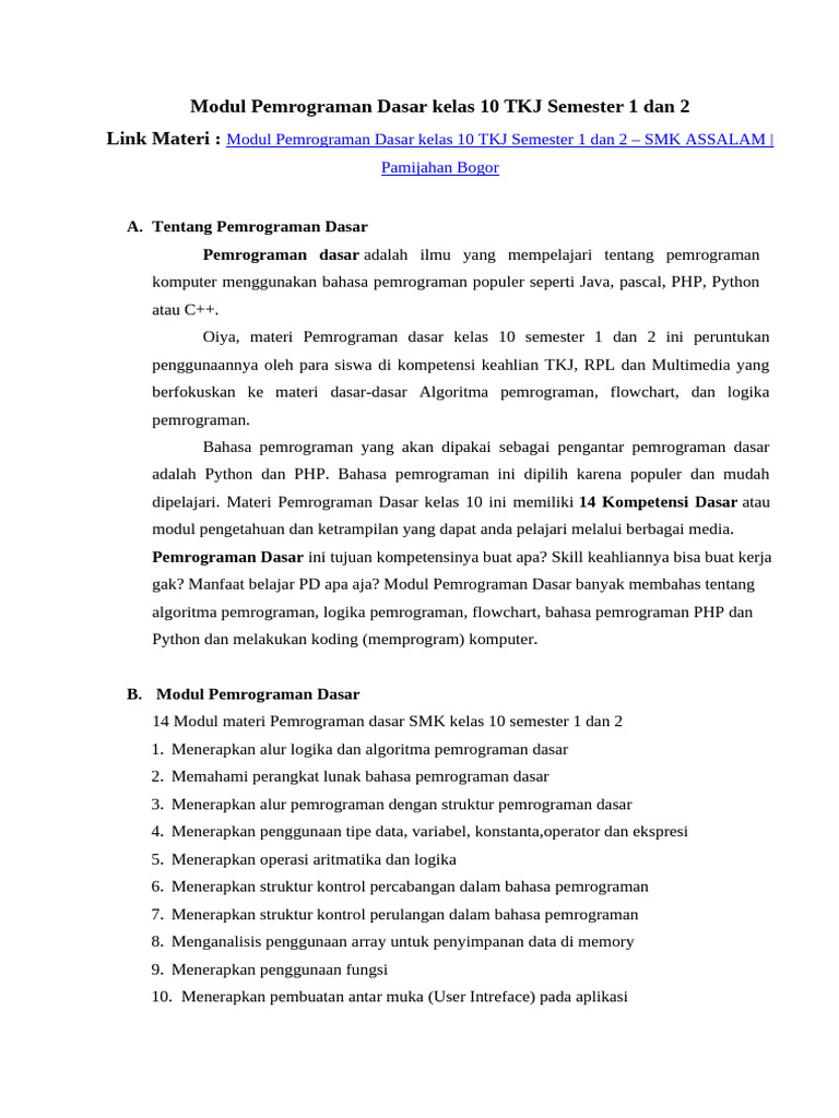 Modul Pemrograman Dasar Kelas 10 TKJ | PDF