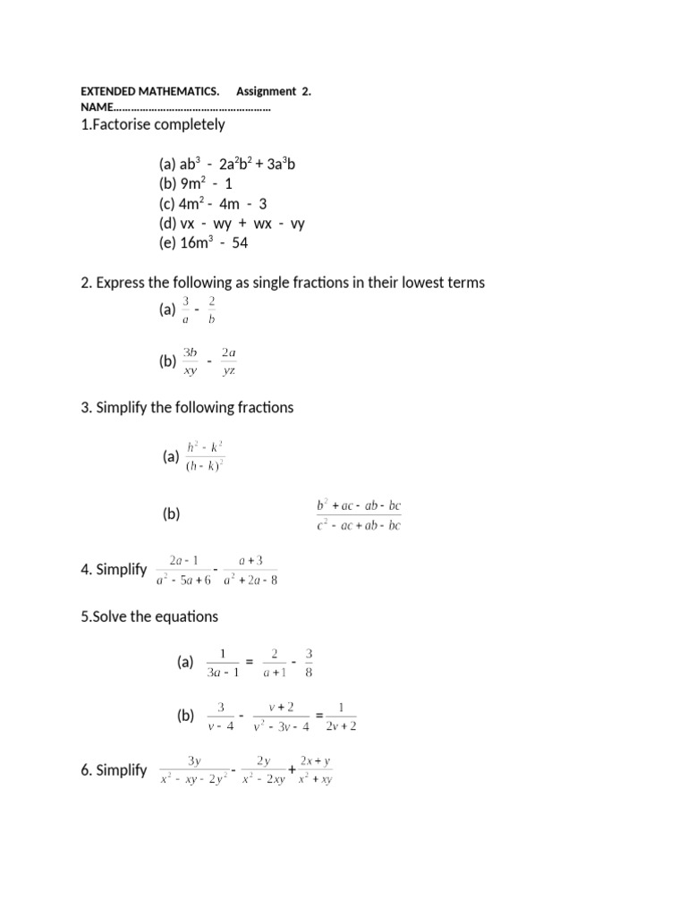 Algebra and Algebraic Fractions Test | PDF