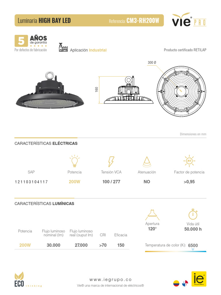 HIGHBAY 200WVie® PRO Ficha Técnica | PDF | Encendiendo | Ligero