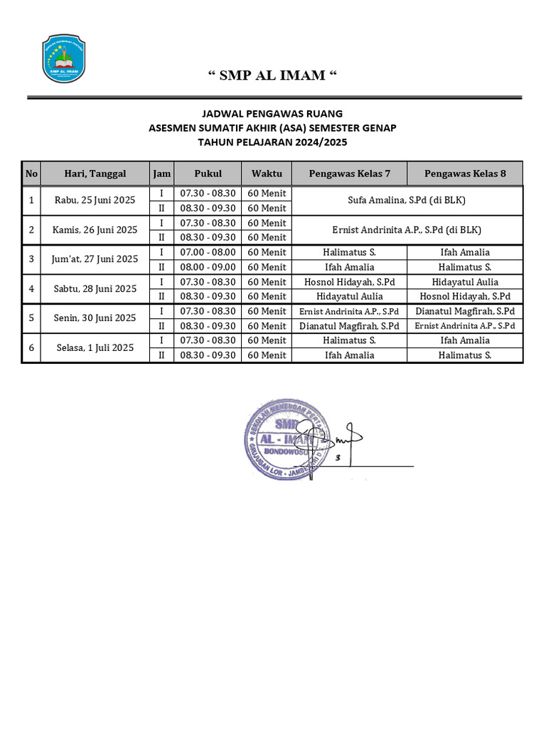 Jadwal Pengawas Ruang Asas Genap SMP Al Imam 2024-2025 | PDF