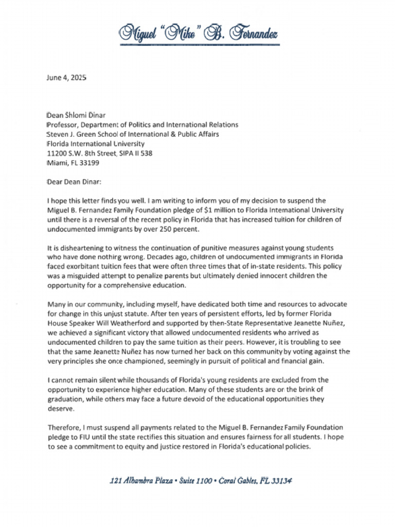 Mike Fernandez Letter To FIU | PDF